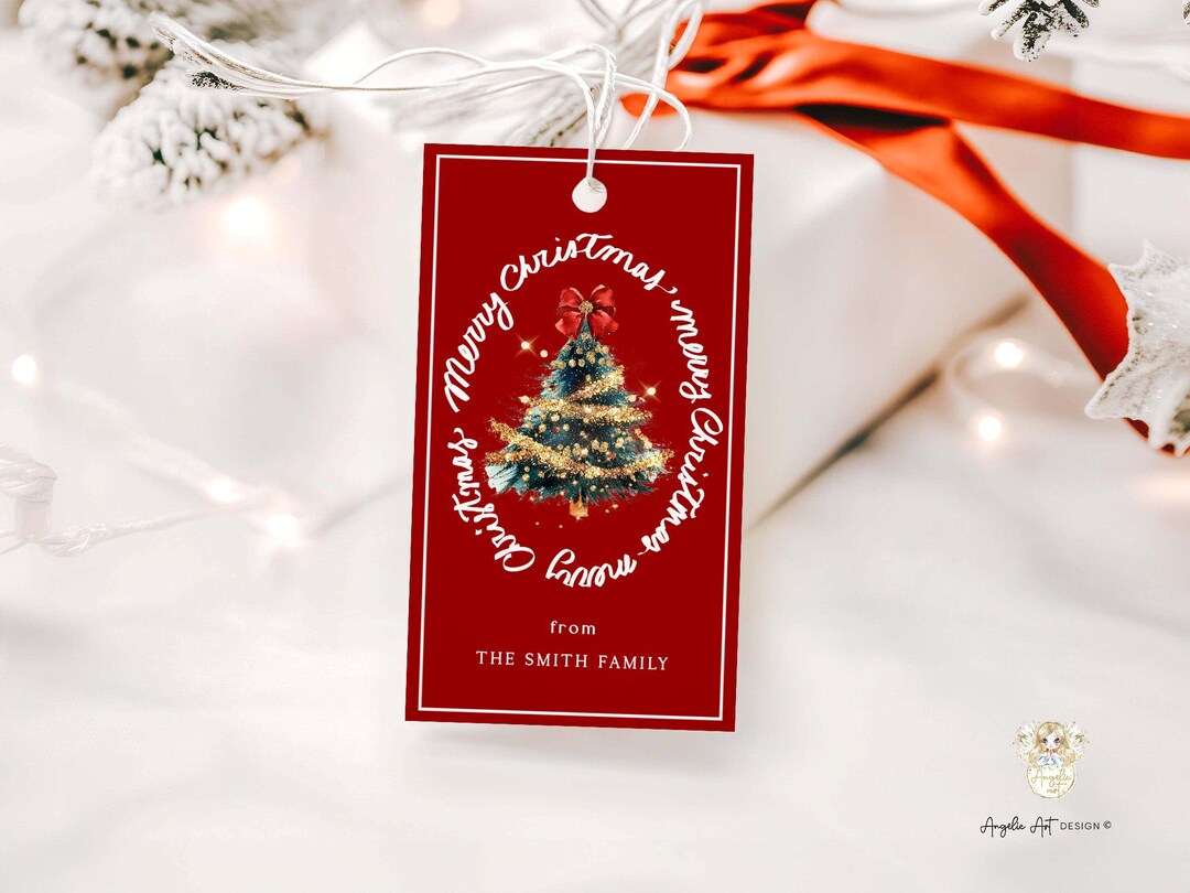 Merry Christmas Red Gift Tag Template, Digital Editable Favor Tags - Etsy