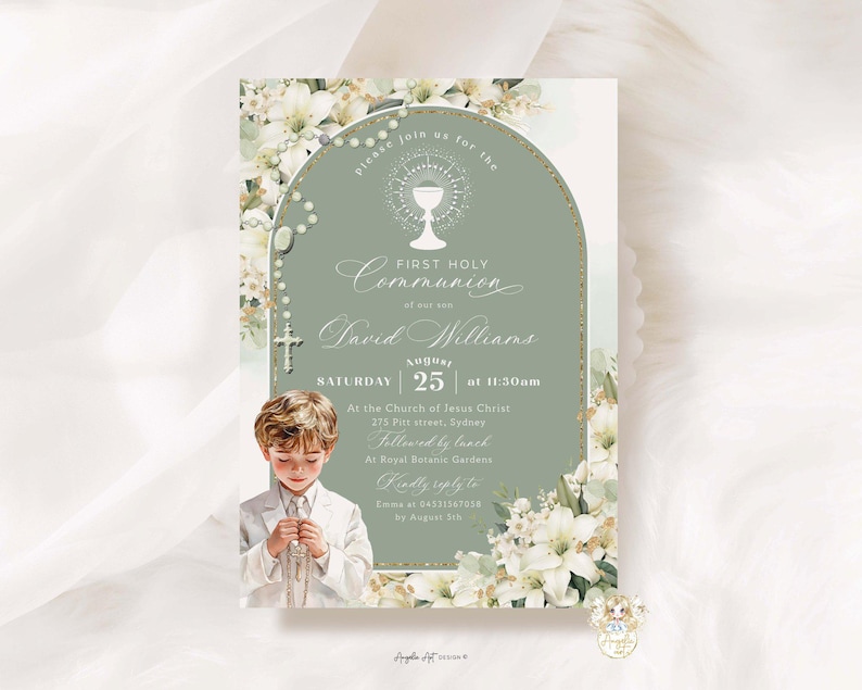 ALEX - White LILY First Holy Communion BOY Invitation, Greenery Gold ...