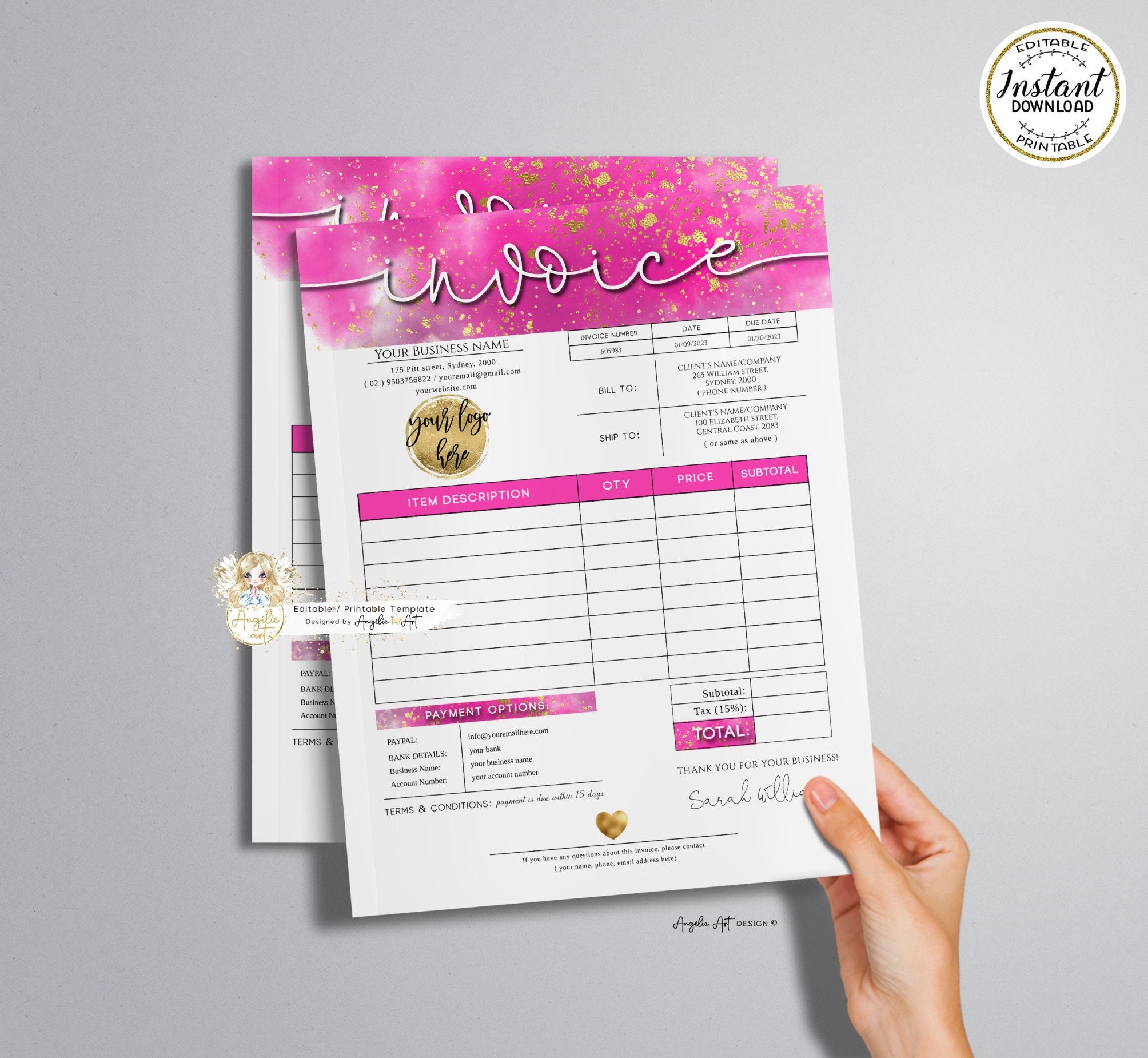 JOY Editable Hot Pink Gold INVOICE Form Template Gold - Etsy