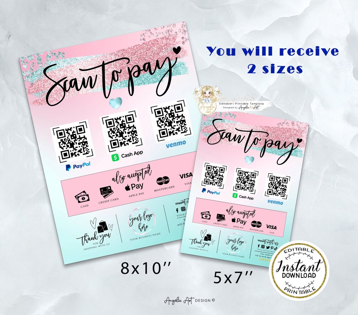 MINT Pink Scan to Pay Template Teal Rosegold Glitter Payment - Etsy