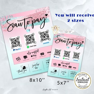 MINT Pink Scan to Pay Template, Teal Rosegold Glitter Payment Sign, QR ...