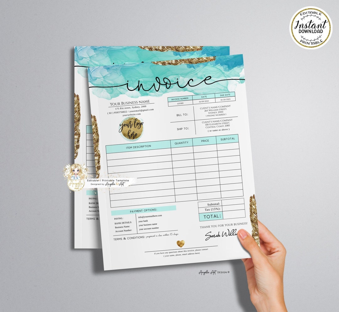 NYMPH - Aqua Teal Gold INVOICE Template, EDITABLE Teal Gold Printable ...