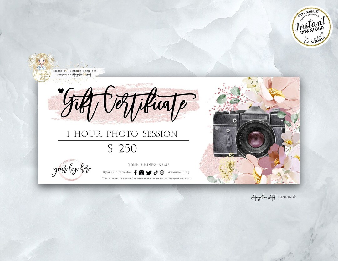 Floral Photography Gift Certificate Template, Rosegold Photography Gift ...