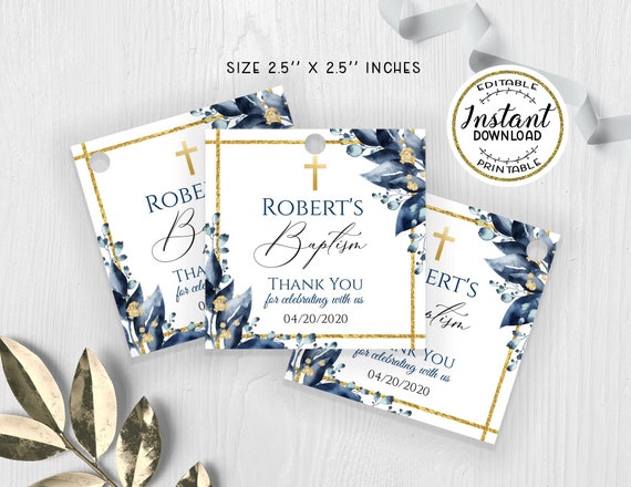 ST PETER Blue Gold Baptism Favor Tags Template Editable - Etsy