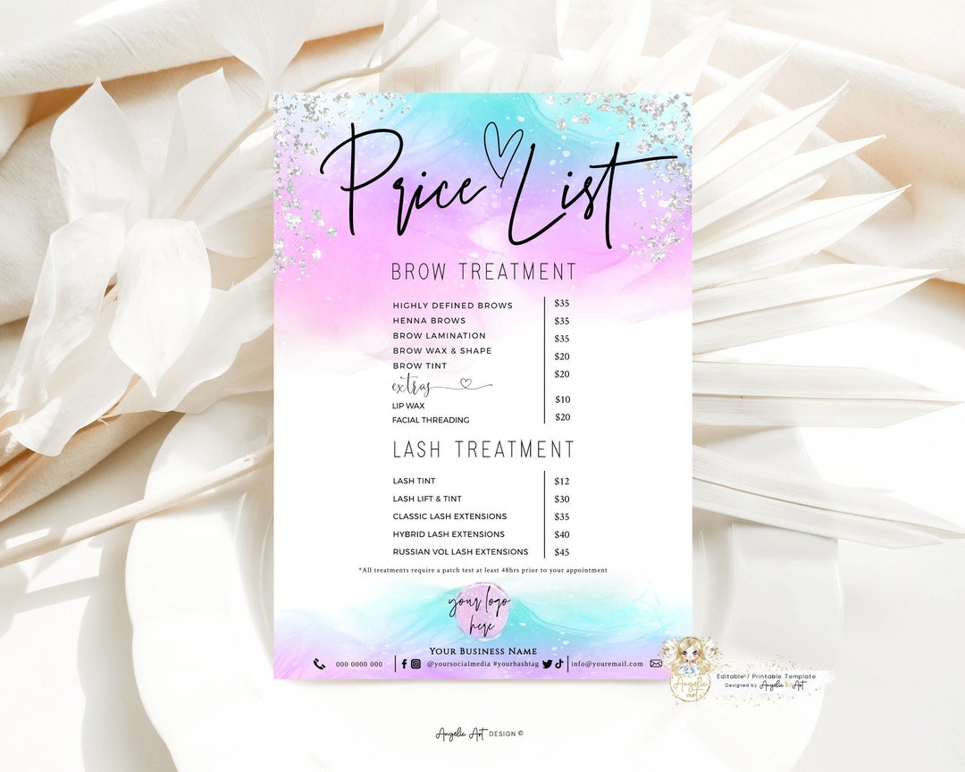 DREAMY - Lilac Pink Blue Price List Template, EDITABLE Printable ...