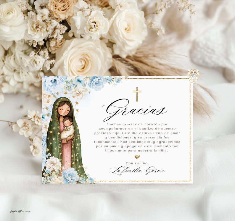Blue Floral Spanish Thank You Card, Gracias Bautizo Virgen De Guadalupe ...