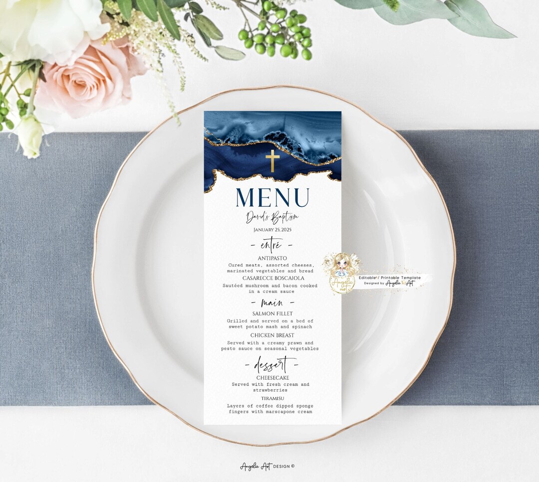 Deep Blue Gold Baptism Menu Template, Editable Baptism Menu, Printable ...