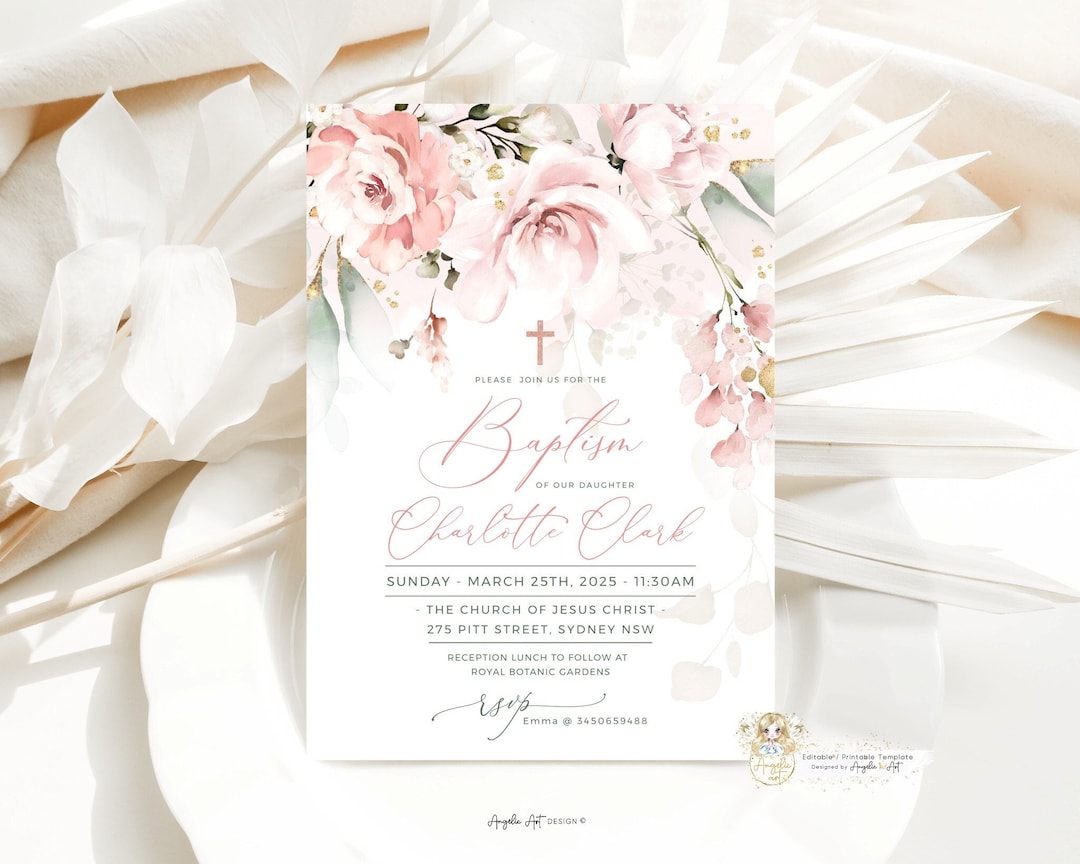 AVA - BLUSH Pink Baptism Invitation Template, Girl Baptism Invitation ...