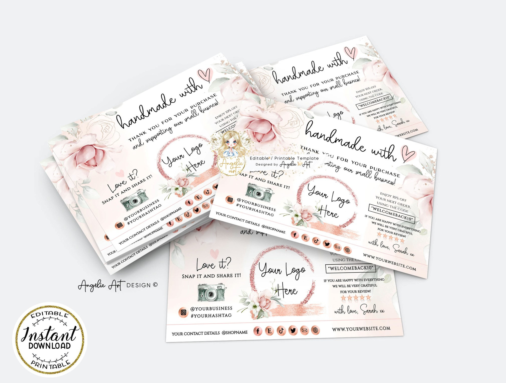 FLORAL Handmade With Love Business Insert Card Template Floral Rosegold ...