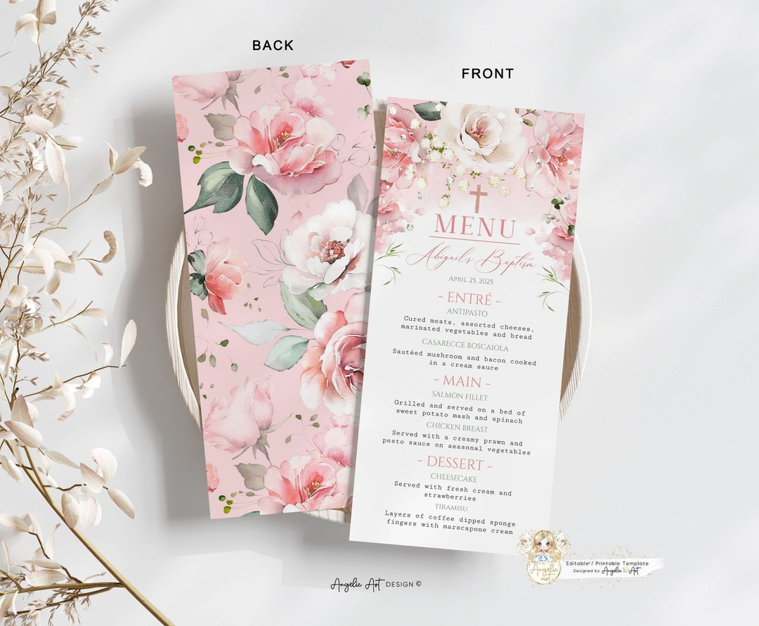 BELLE - Blush Pink Floral Baptism Menu Template EDITABLE Printable ...