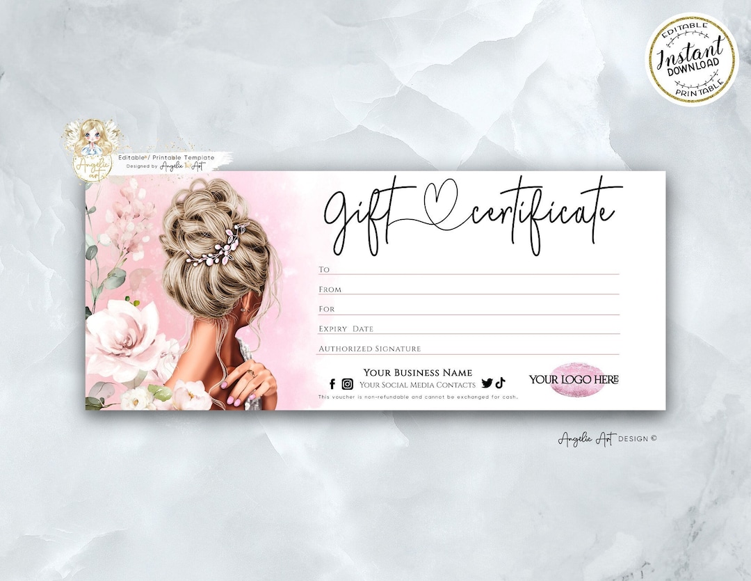 Editable Hair Stylist Gift Certificate Template, Hair Salon Floral Gift ...