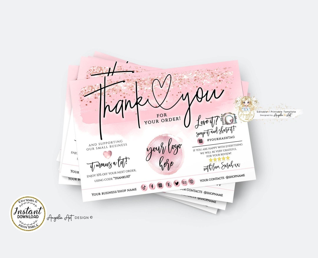 Blush Pink Glitter Business Thank You Insert Card Template, Editable ...