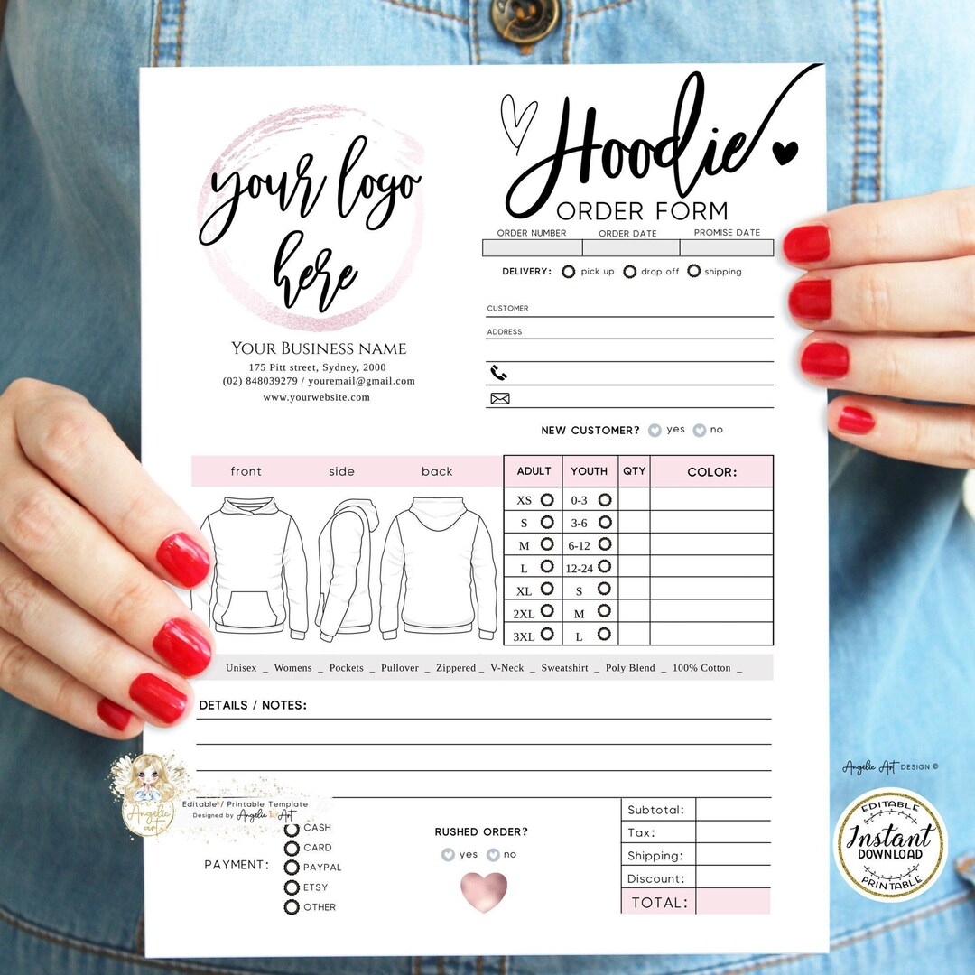 Pink Gray HOODIE Order Form Template Simple Modern Printable Order Form ...