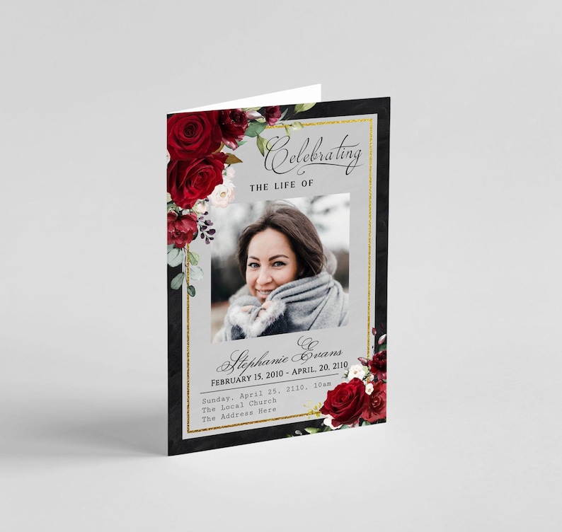 Red Roses Funeral Program Template, Order of Service (editable, Digital ...