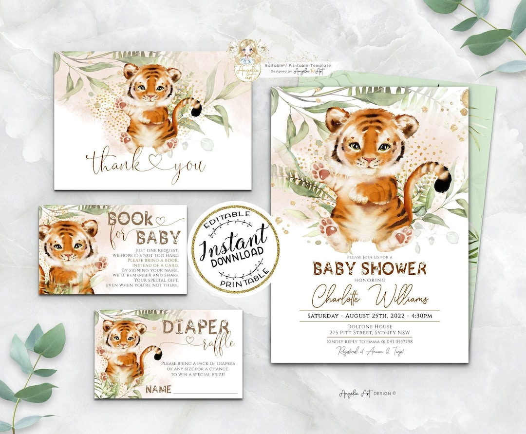 Editable TIGER Boy Girl Invitation Set Template, Gender Neutral Tiger ...