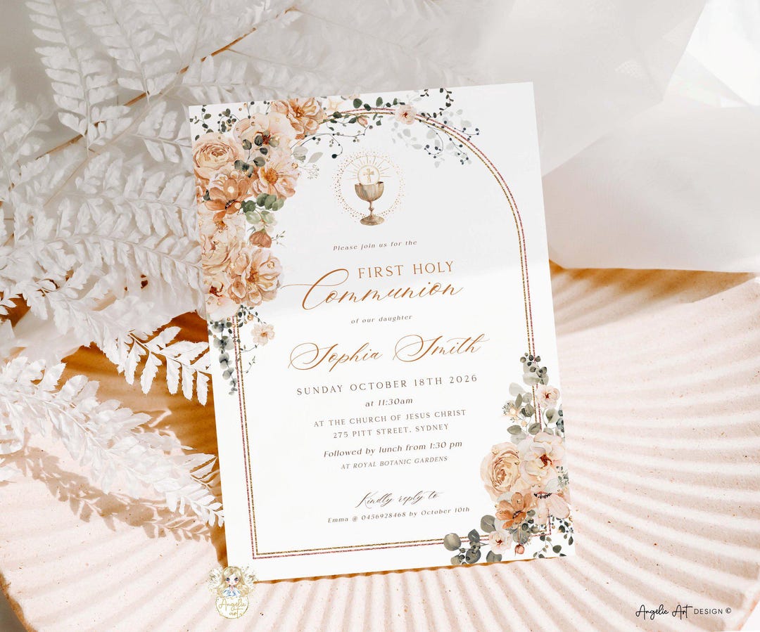 SIENA - Golden Arch Floral Girl First Holy Communion Invitation ...