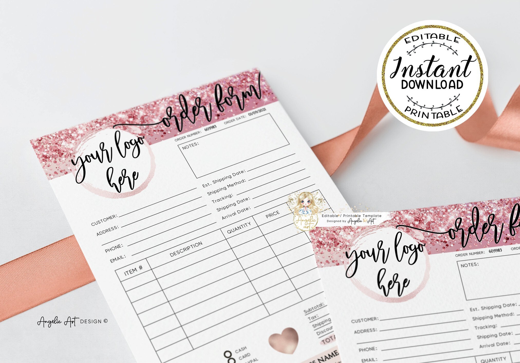 GLAM - EDITABLE Rosegold Glitter Order Form Template Add Your LOGO ...