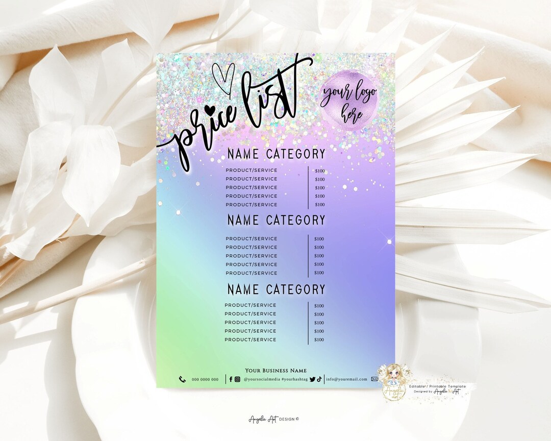 ELF - Editable Price List Template, Printable Holographic Glitter ...