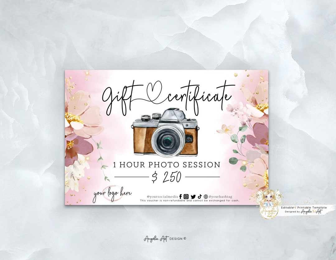 Photography Gift Certificate Template Blush Pink Photography Gift Card ...