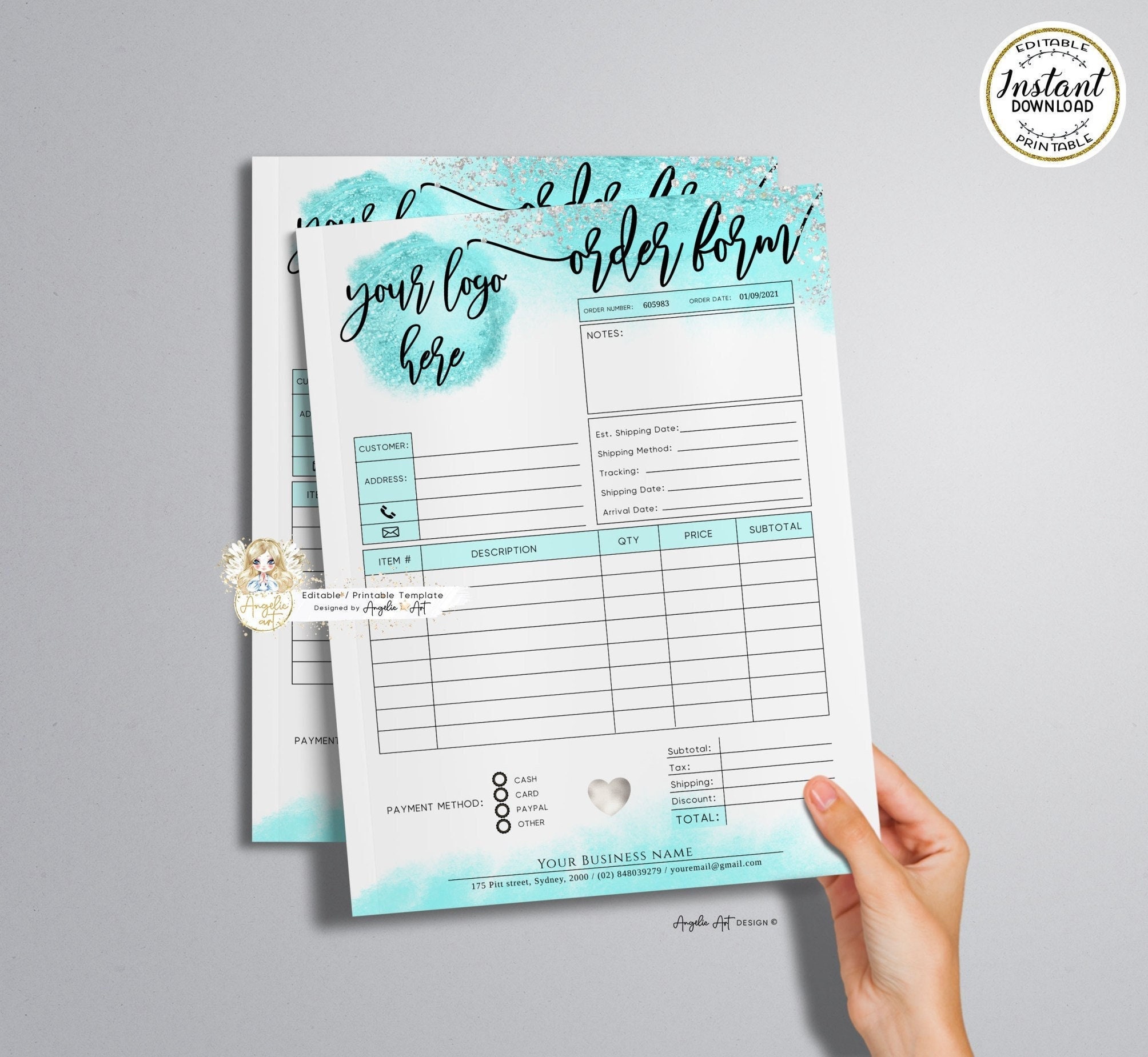 AQUA ORDER Form Template Aqua Silver Printable Invoice | Etsy