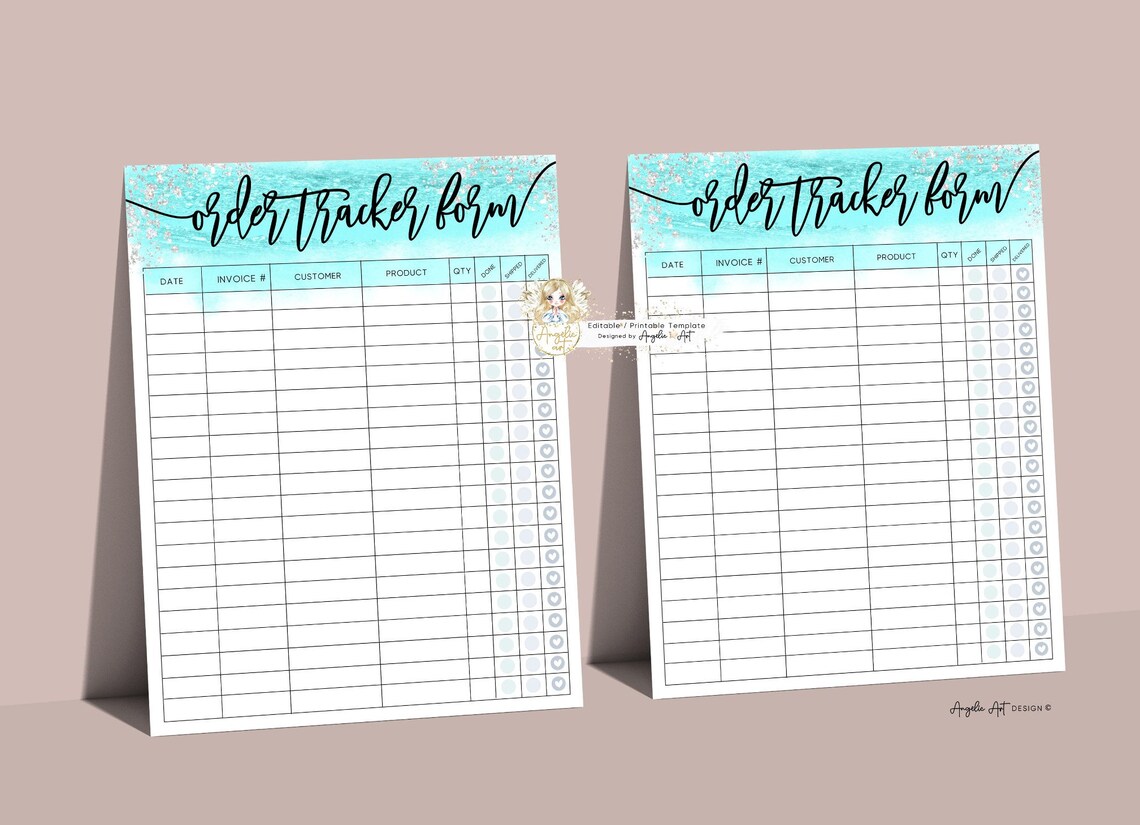 AQUA Order Tracker Form Template EDITABLE Order Aqua Silver | Etsy
