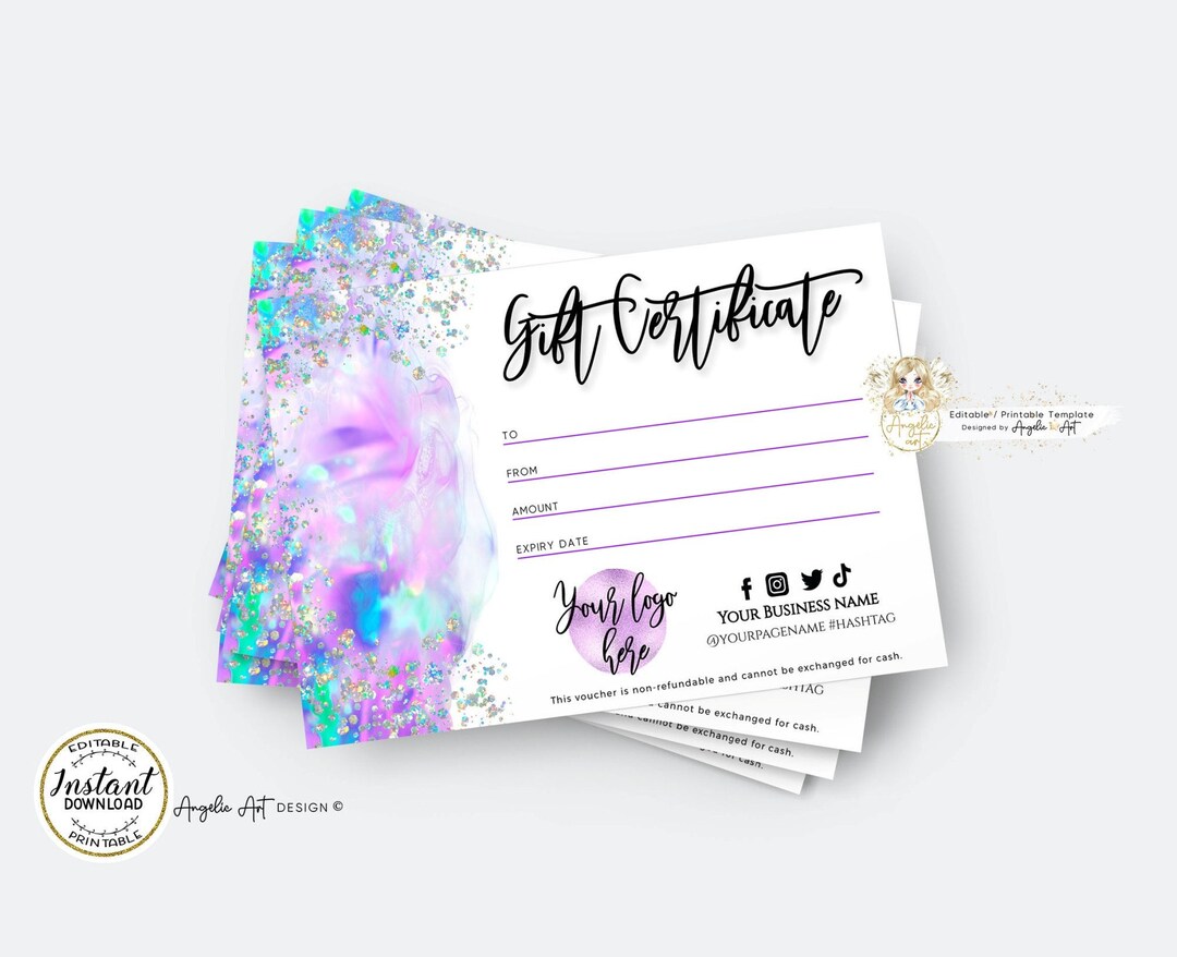 COLIBRI Holographic Glitter Gift Certificate Template, EDITABLE Modern ...