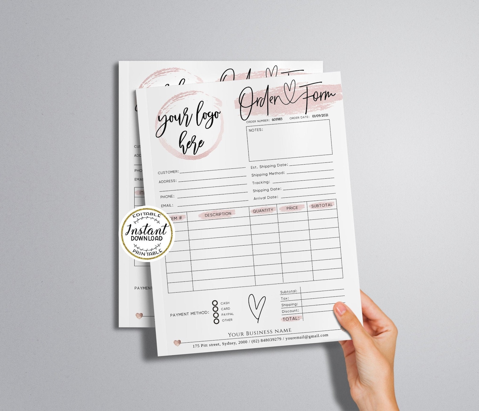 ROSY - Rose Gold Order Form Template, Modern Printable Order Form ...