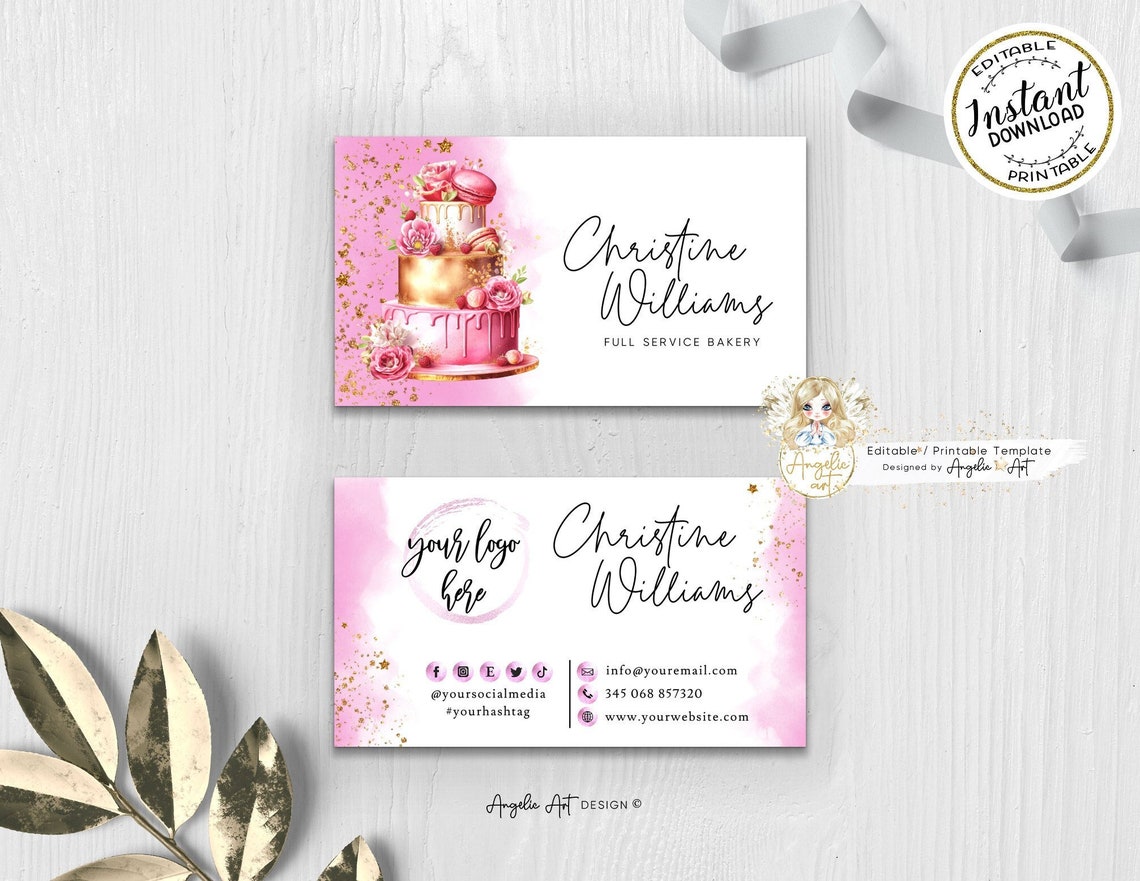Editable Cake Bakery Business Card Template, Pink Gold Kitchen Pastry ...