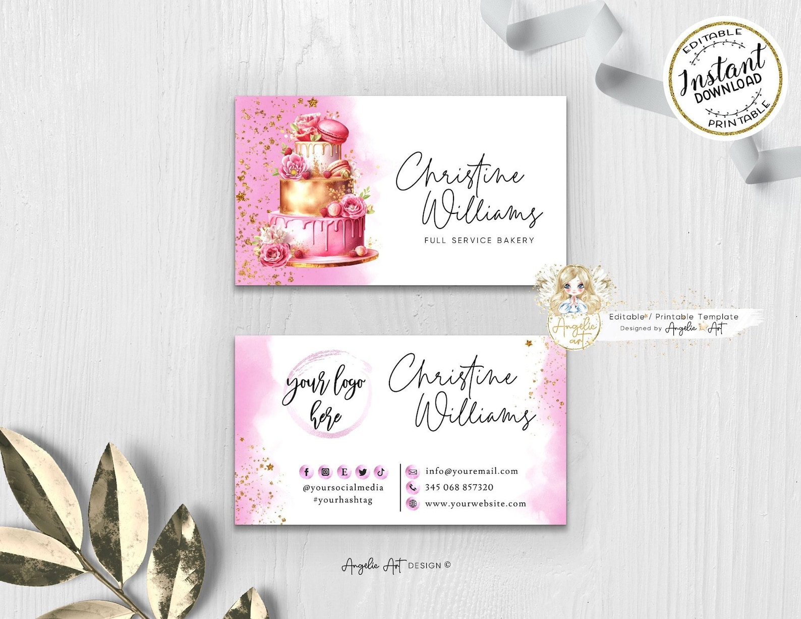 Editable Cake Bakery Business Card Template, Pink Gold Kitchen Pastry ...