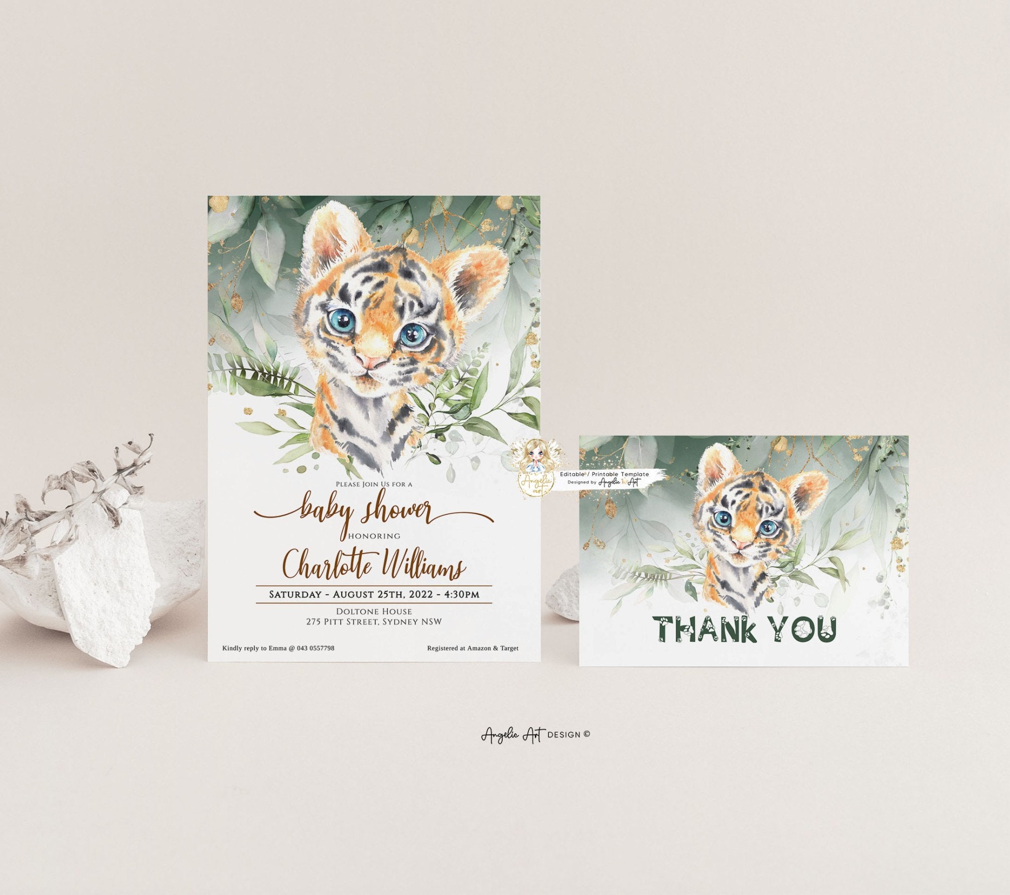 TIGER Baby Shower Invitation Set Greenery Baby Boy Girl - Etsy