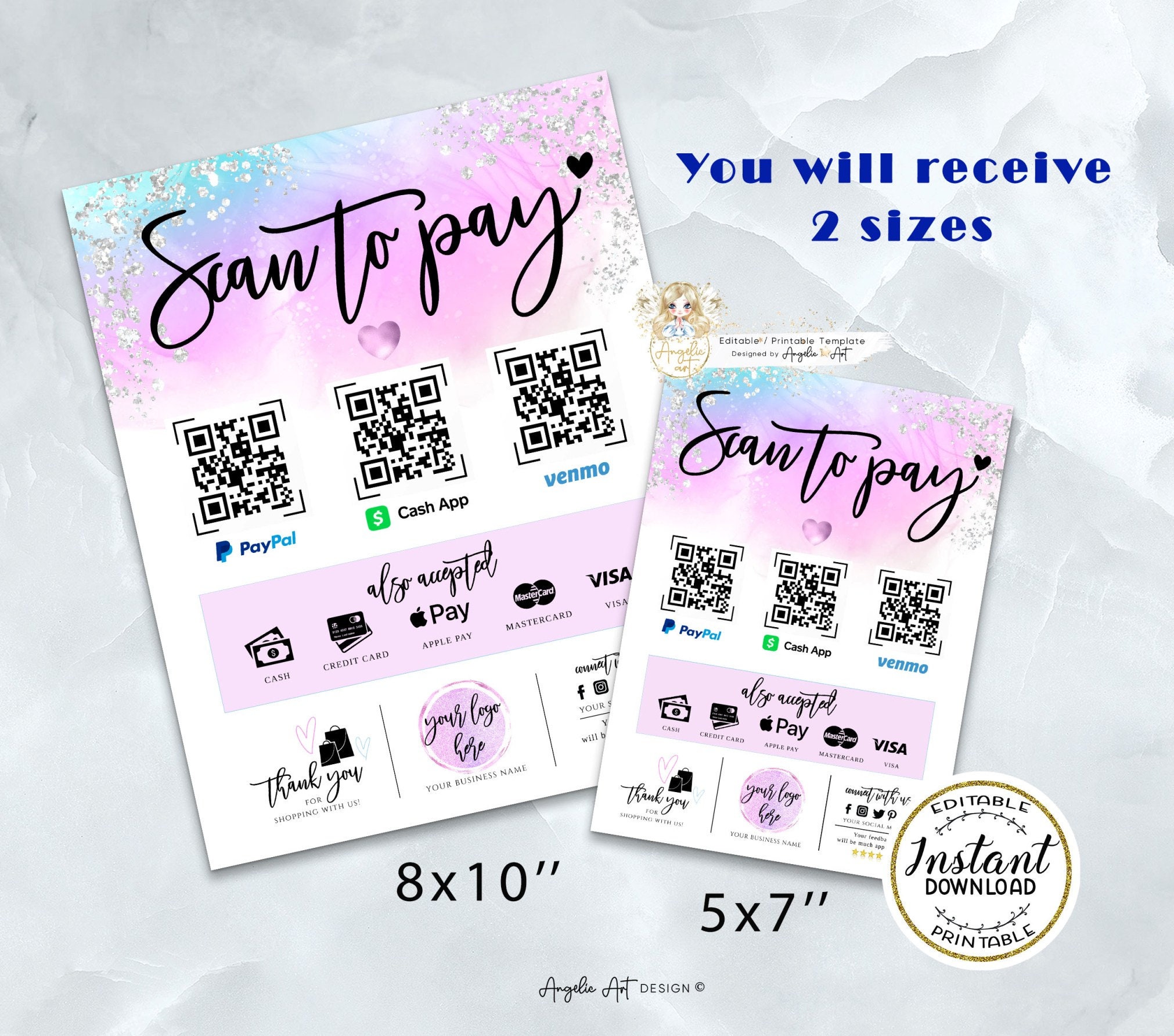 DREAMY - Scan to Pay Template, Lilac Pink Blue Payment Sign, Pastel QR ...