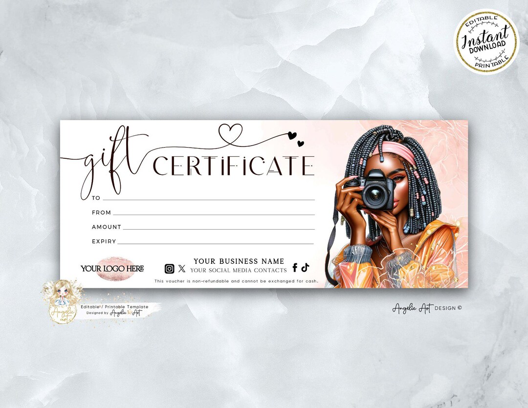 Editable Photography Gift Certificate Template, African American ...