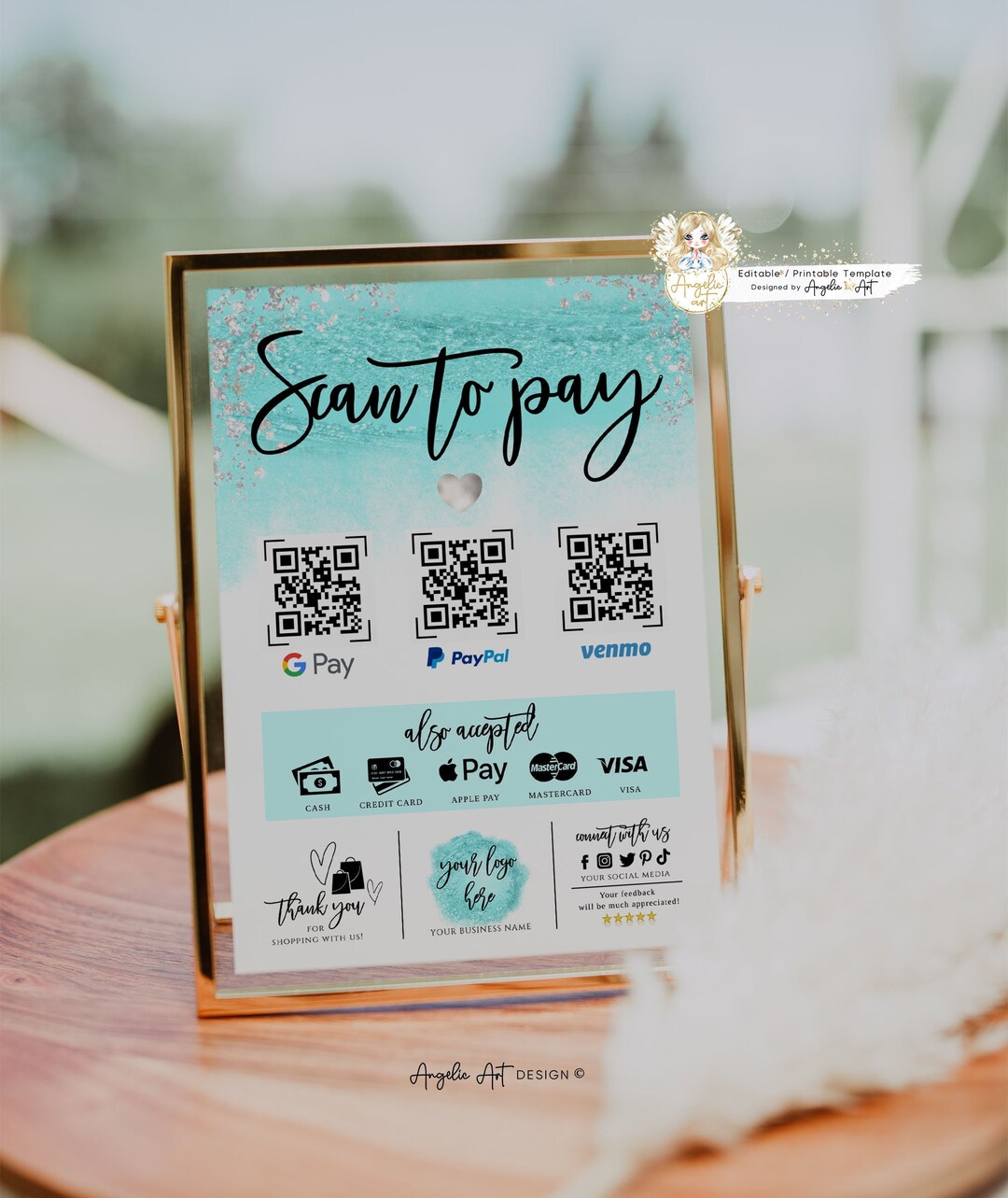AQUA - Editable Scan to Pay Template - Aqua Silver Qr Payment Sign ...