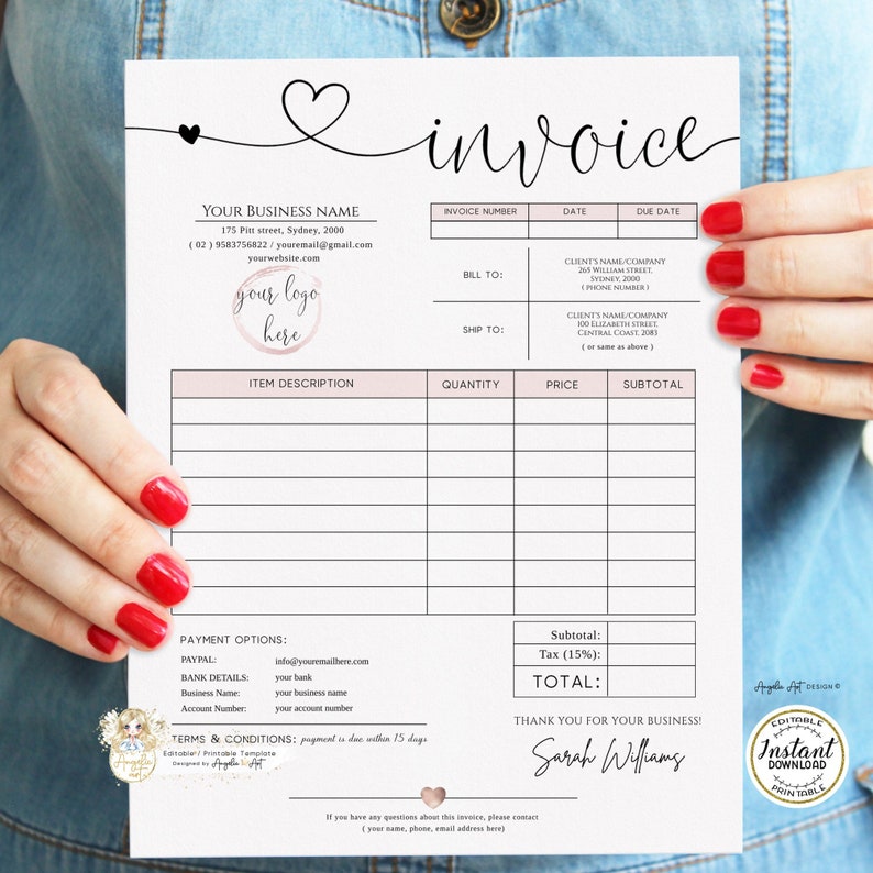 Modern Editable Printable Blush INVOICE Form Template, Billing Form - Etsy
