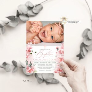BELLE - Floral Blush Pink Girl Baptism Invitation Template, Pink Green ...