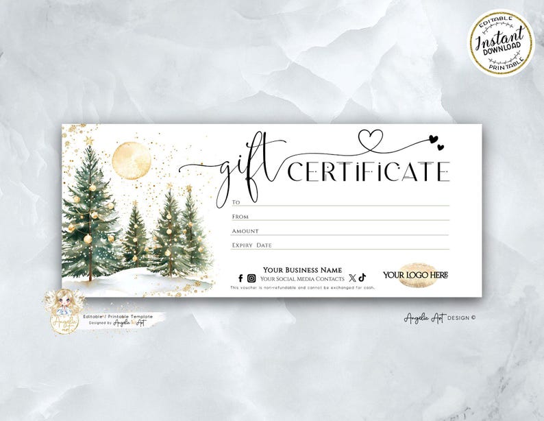 Editable Christmas Tree Gift Certificate Template, Holiday Green Gold ...