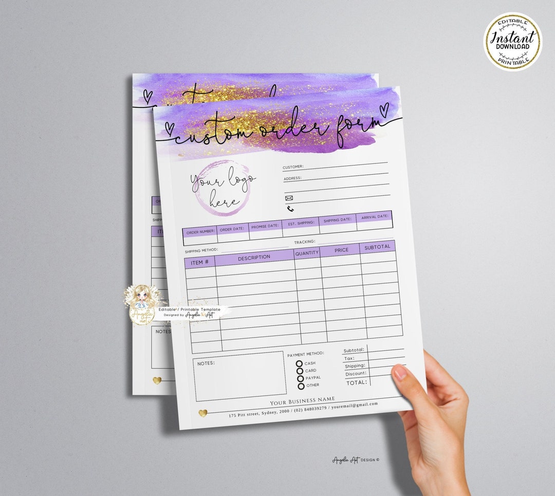 PURPLE GOLD Custom Order Form Template, EDITABLE Modern Printable Order ...