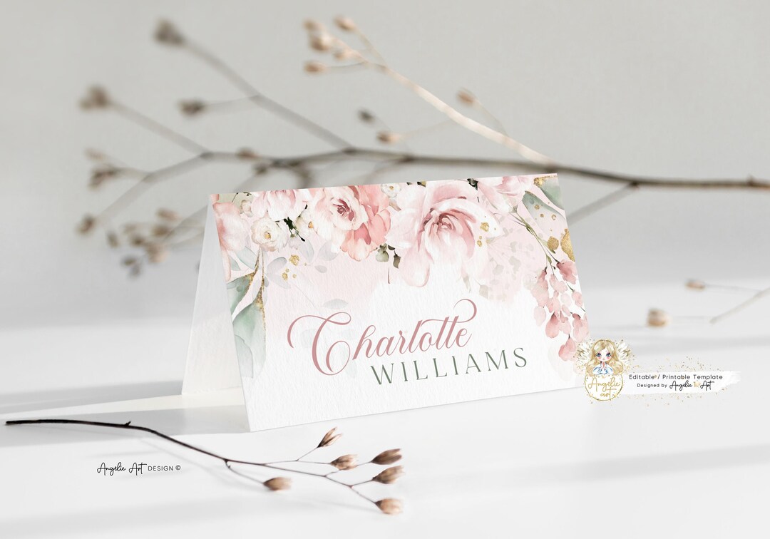 AVA Floral Pink Place Cards Templates, Blush Pink Gold Green Flat and ...