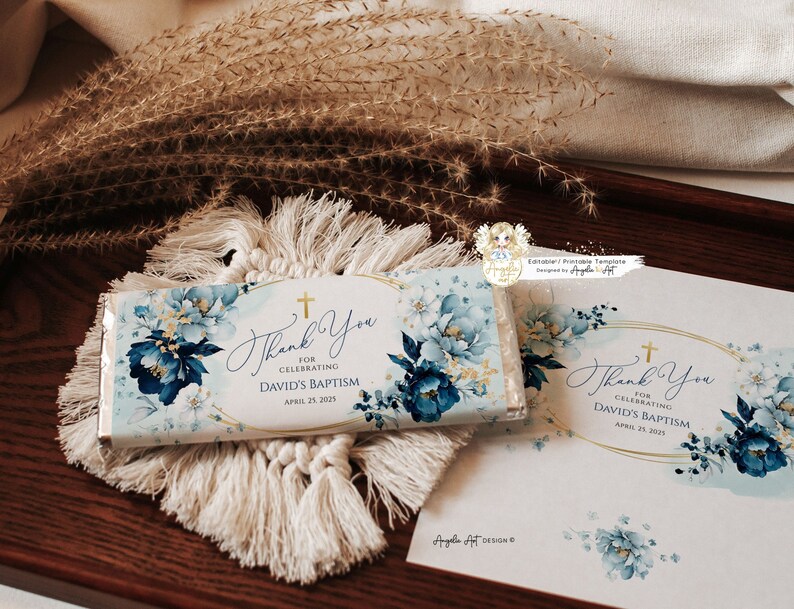 LIAM Blue Gold Floral Baptism Chocolate Wrapper Template - Etsy