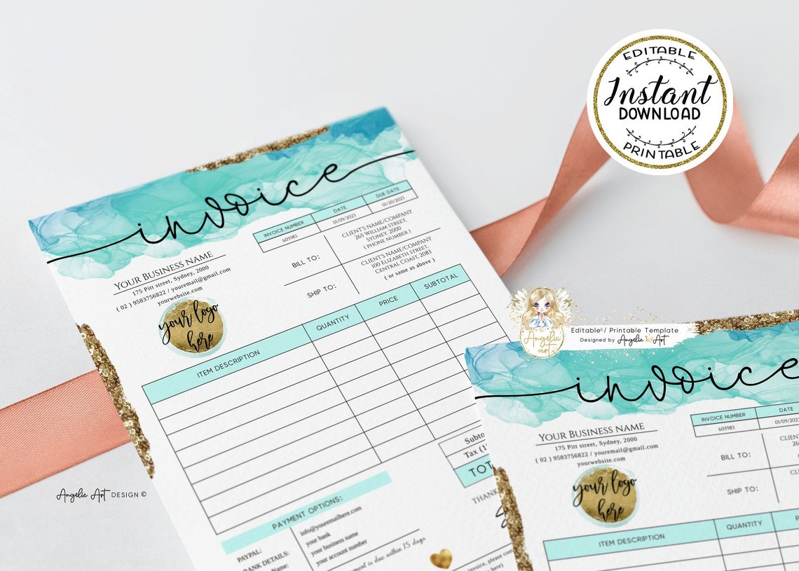 NYMPH Aqua Teal Gold INVOICE Template EDITABLE Teal Gold - Etsy