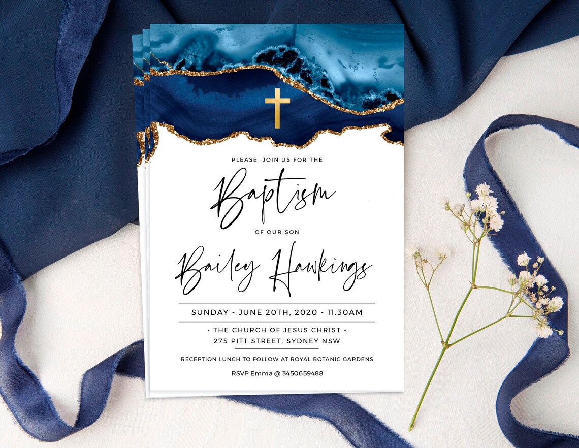 Deep BLUE and GOLD Baptism Invitation - Boy Baptism Invitation Template ...