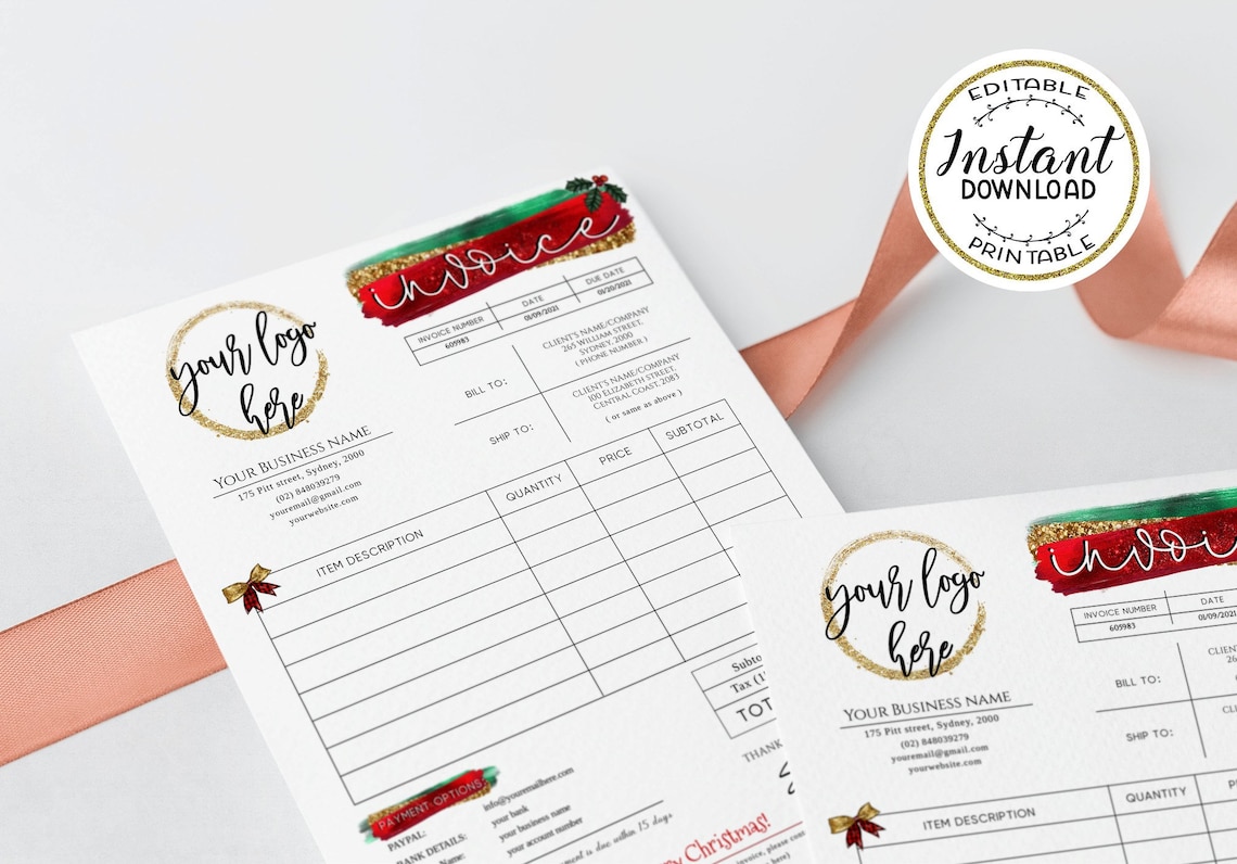 CHRISTMAS Editable INVOICE Template, Holiday Printable Invoice Form ...