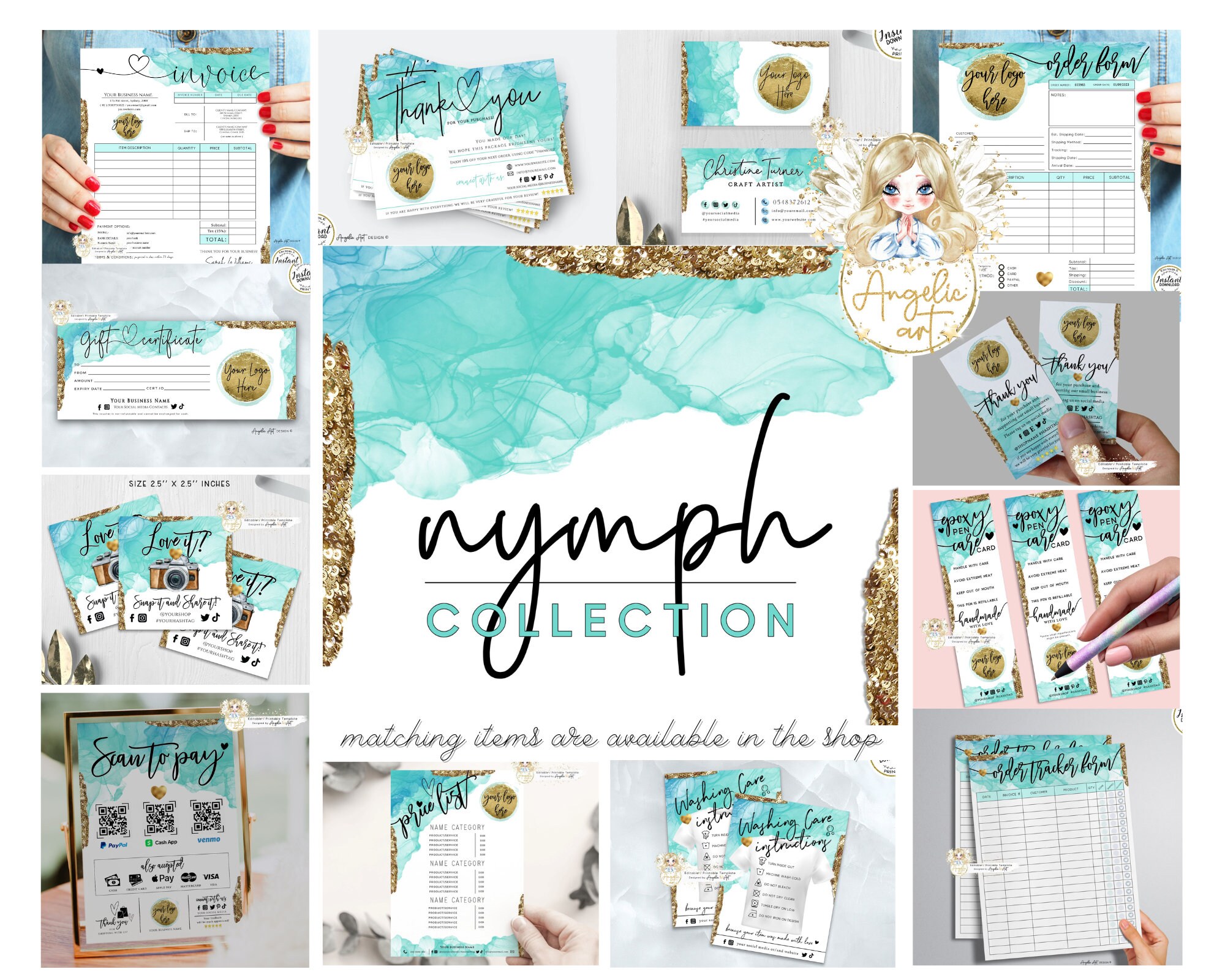 NYMPH - Editable Teal Gold INVOICE Template, Teal Gold Printable ...