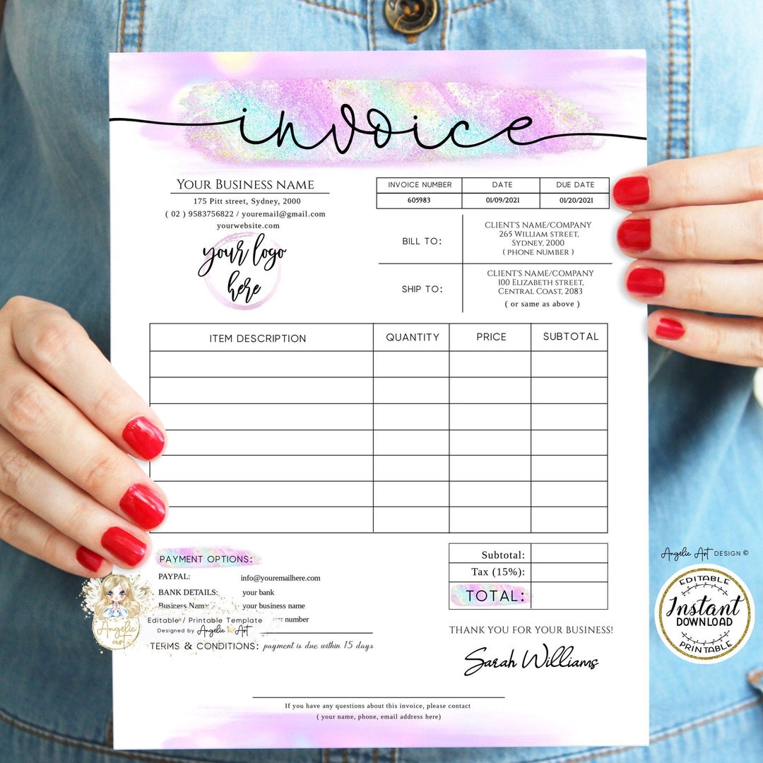PASTEL Pink Unicorn Editable INVOICE Template Modern - Etsy