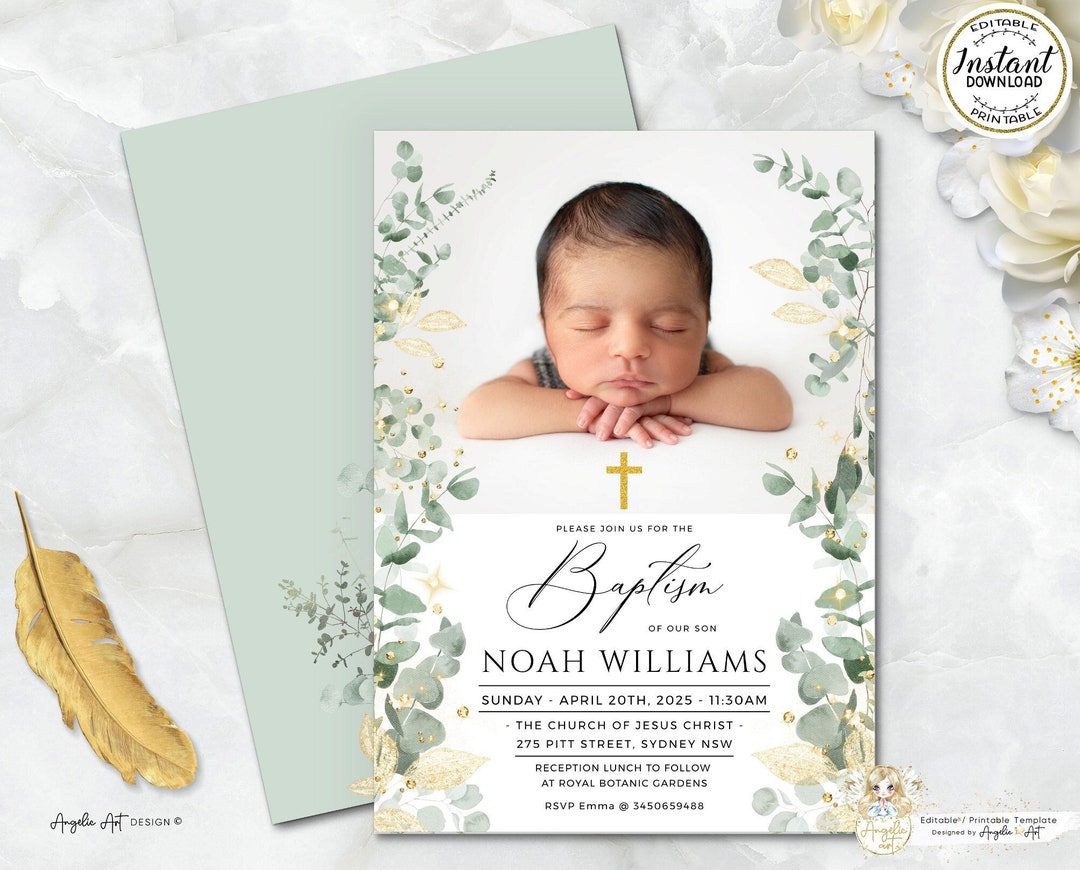 LEVI - Greenery Gold Baptism PHOTO Invitation Template Editable Photo ...