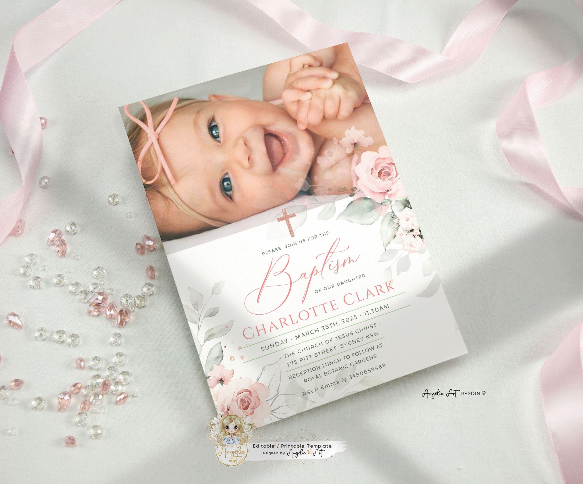 DELICATE - Girl Baptism Invitation Template With Photo, Blush Pink ...
