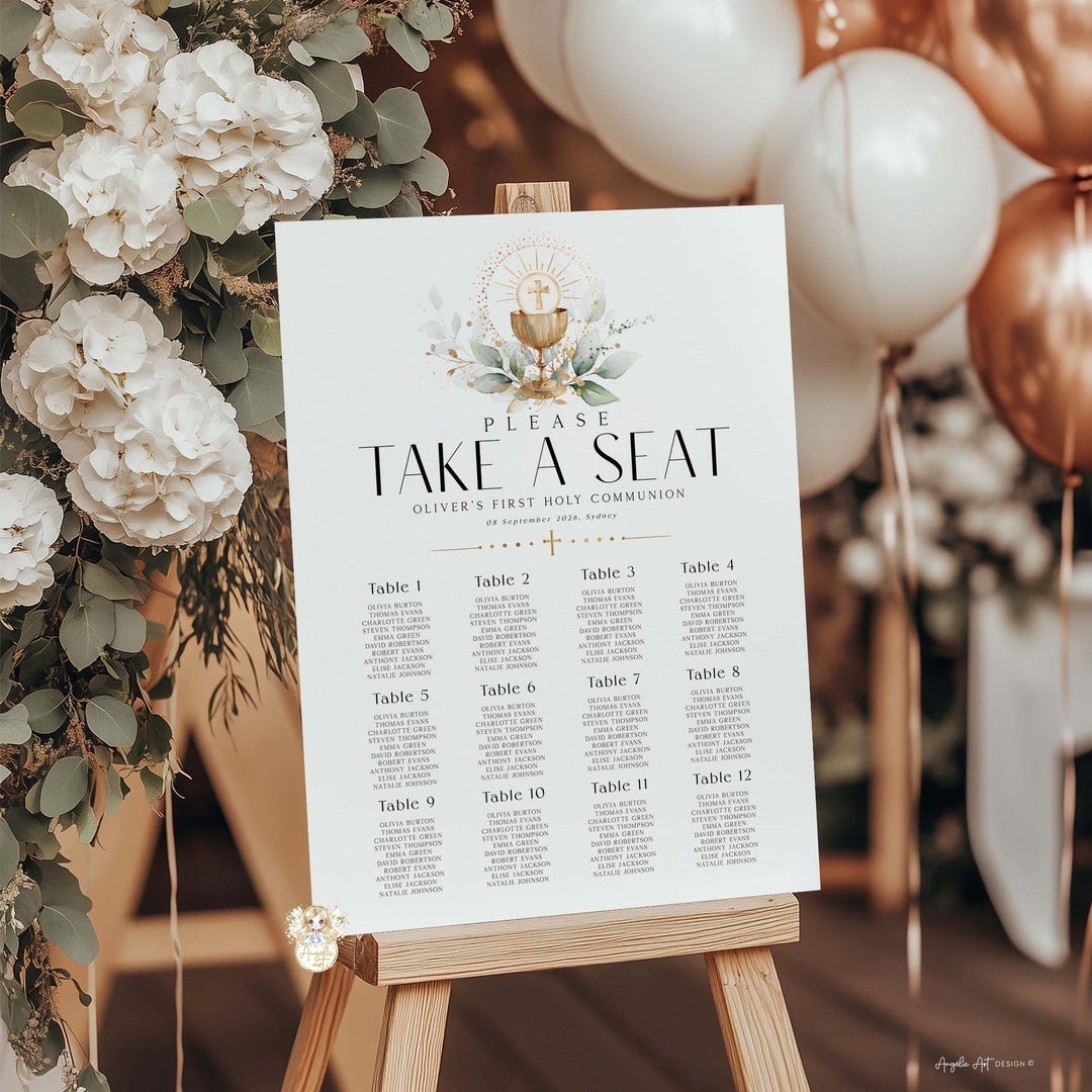 LEO - Greenery Gold Chalice First Holy Communion Seating Chart Template ...