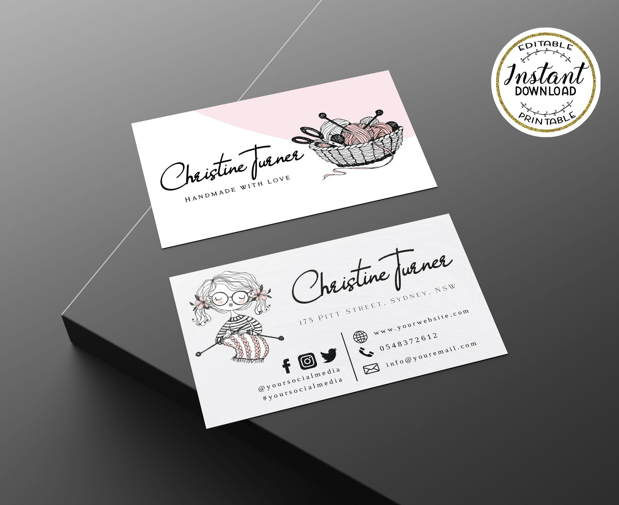 KNITTING Business Card Template, Editable Handmade Yarn Business Card ...