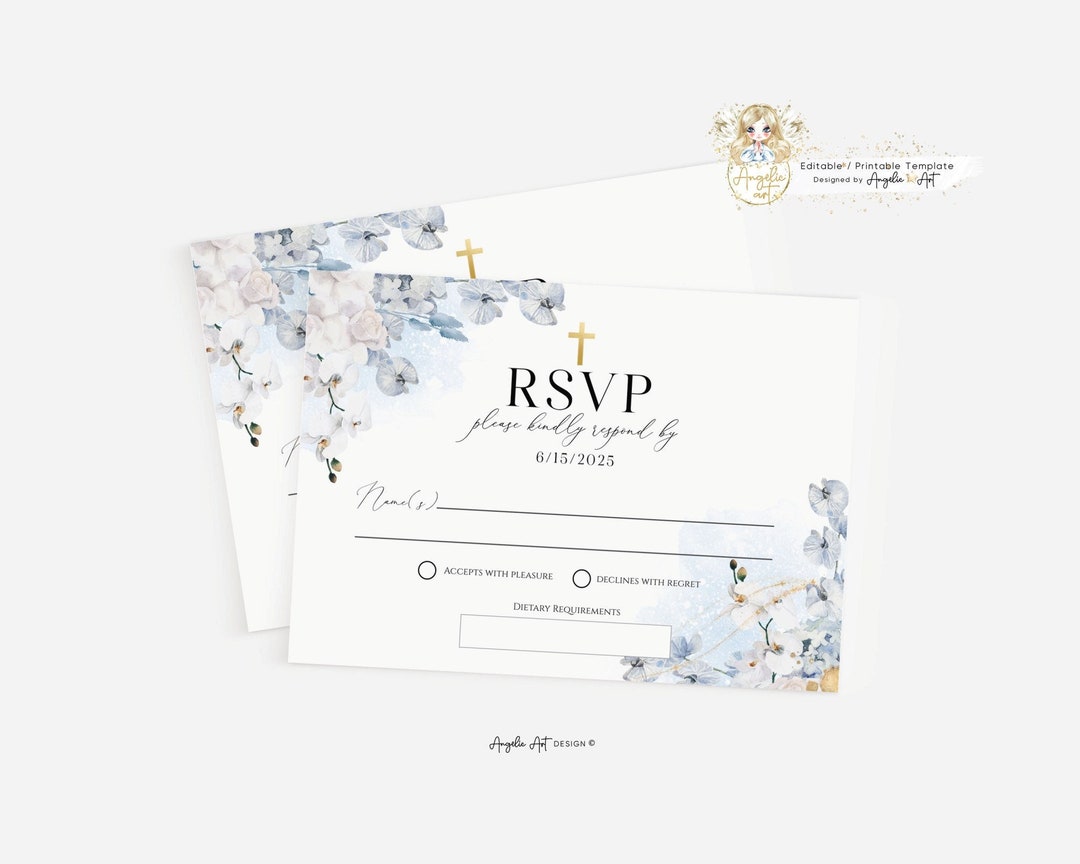 Orchid Baptism RSVP Card Boy, Blue Gold Boy Baptism RSVP Template, Blue ...