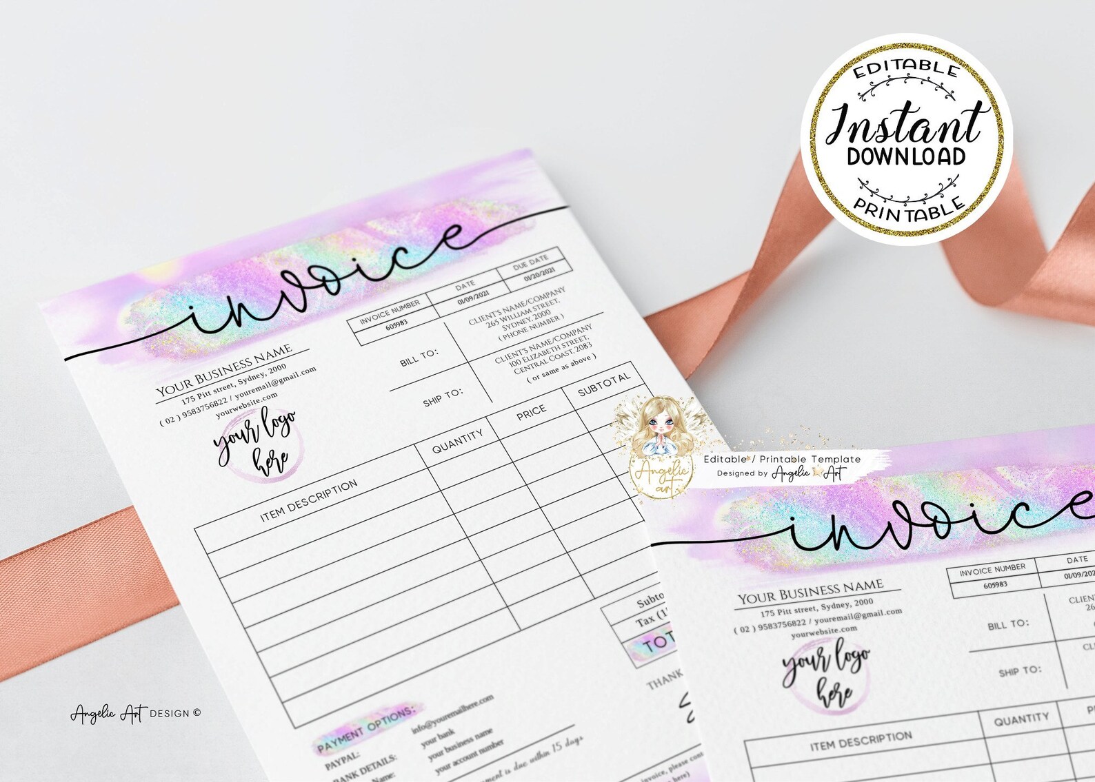 PASTEL Pink Unicorn Editable INVOICE Template Modern | Etsy